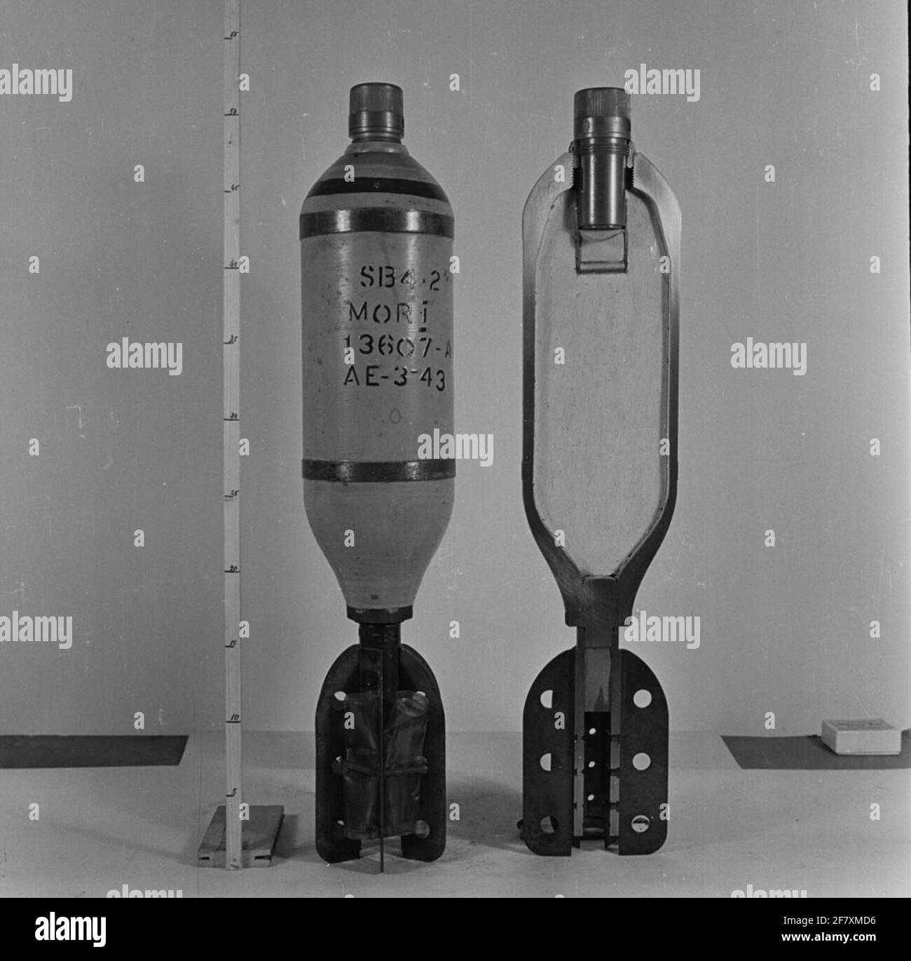 Mortar granate (4.2 inch) with a cross-sectional view of the same model ...