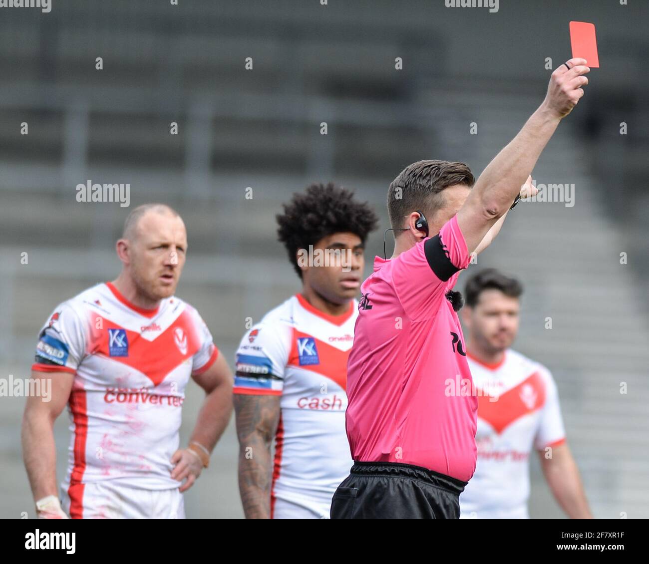 St. Helens, England - 10th April 2021 - Referee Ben Thaler gives red ...