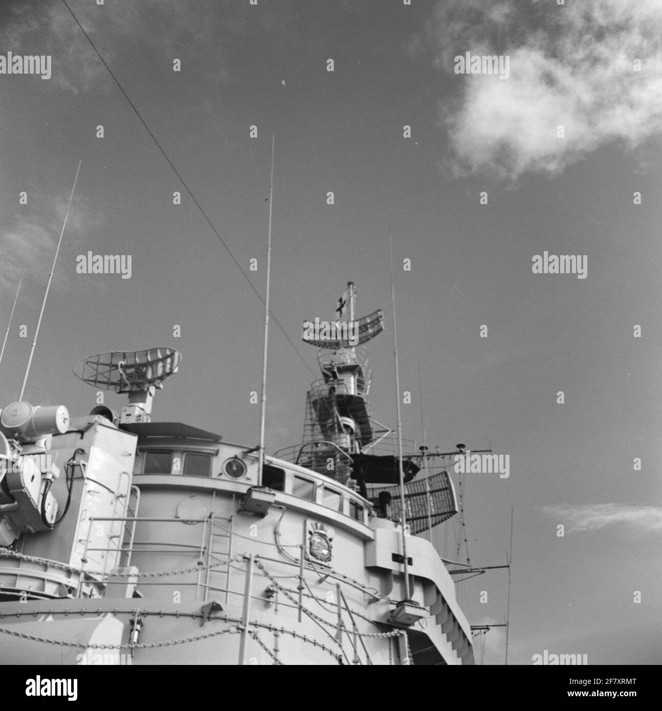 The bridge with antennas, radar and in the background the radar (with ...