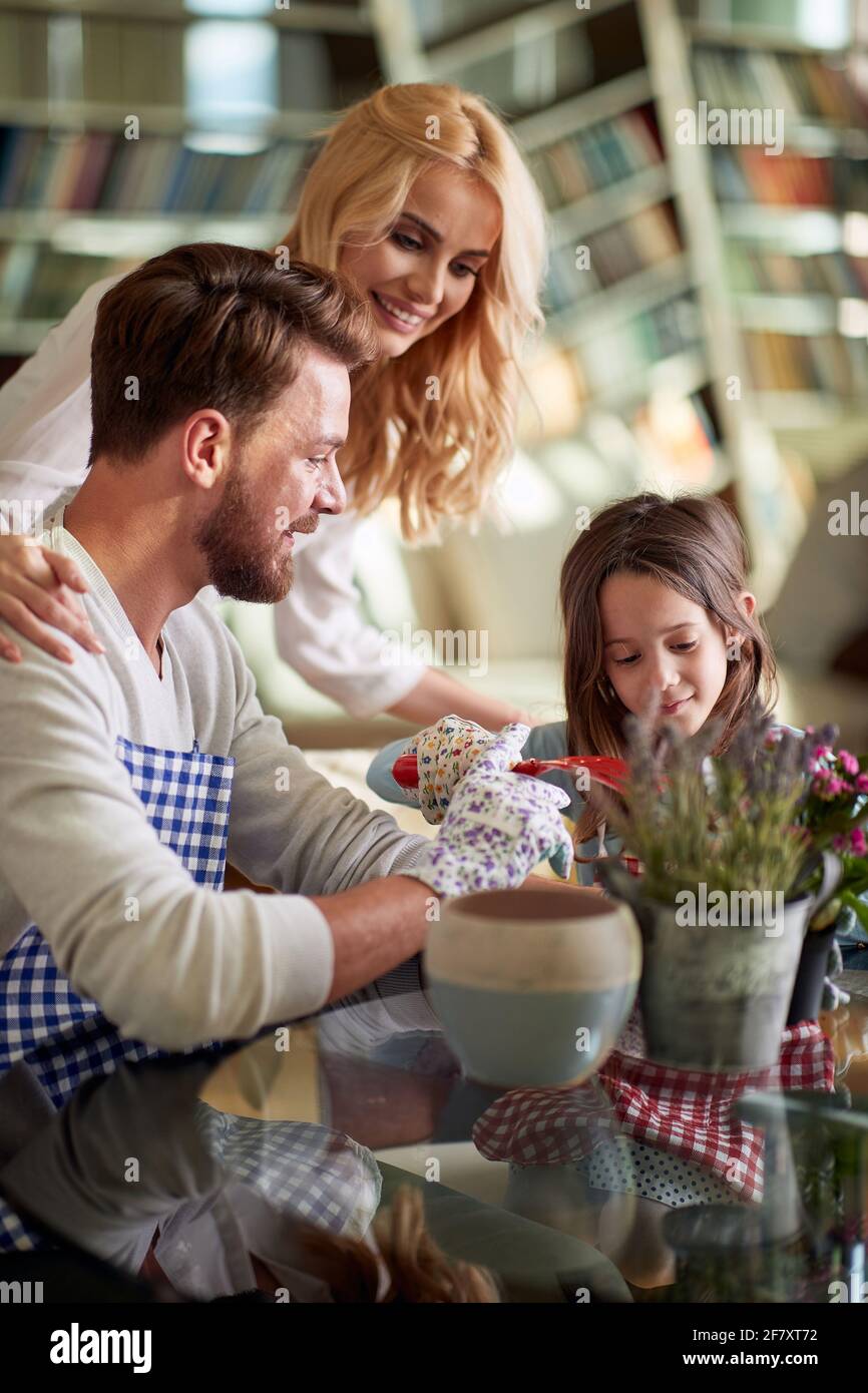 Happy caucasian parents planting flowers together with their daughter ...