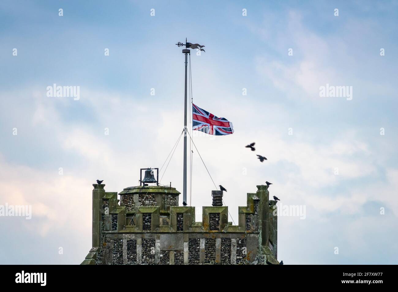 Union Jack flag flying at half-mast honouring Prince Philip, Duke of ...