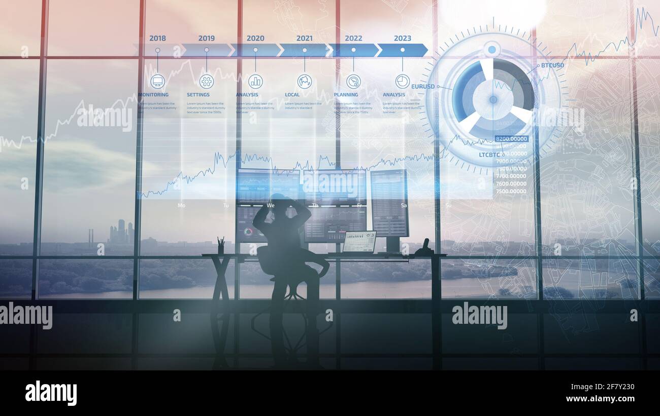 Stock trader in the office and infographics. . 3D render Stock Photo ...
