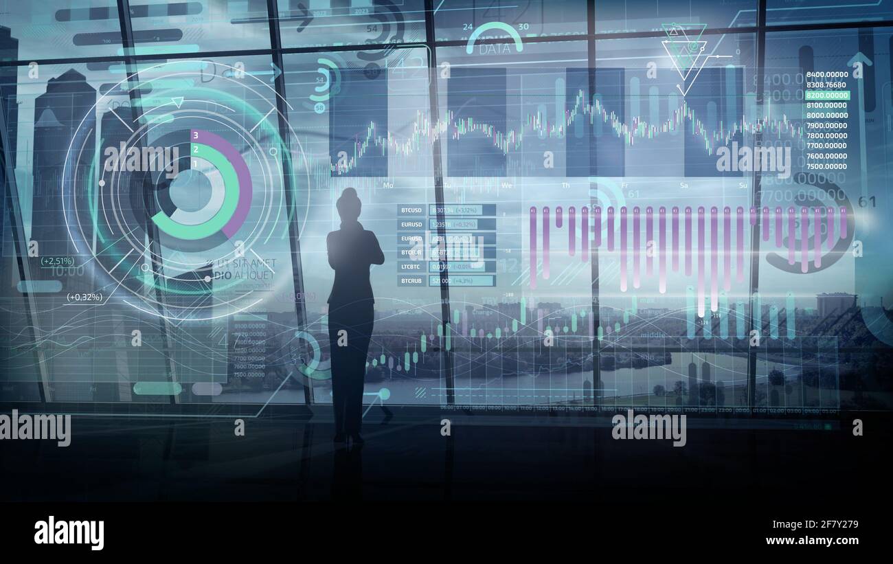 Businesswoman and virtual projection of stock exchange infographics ...