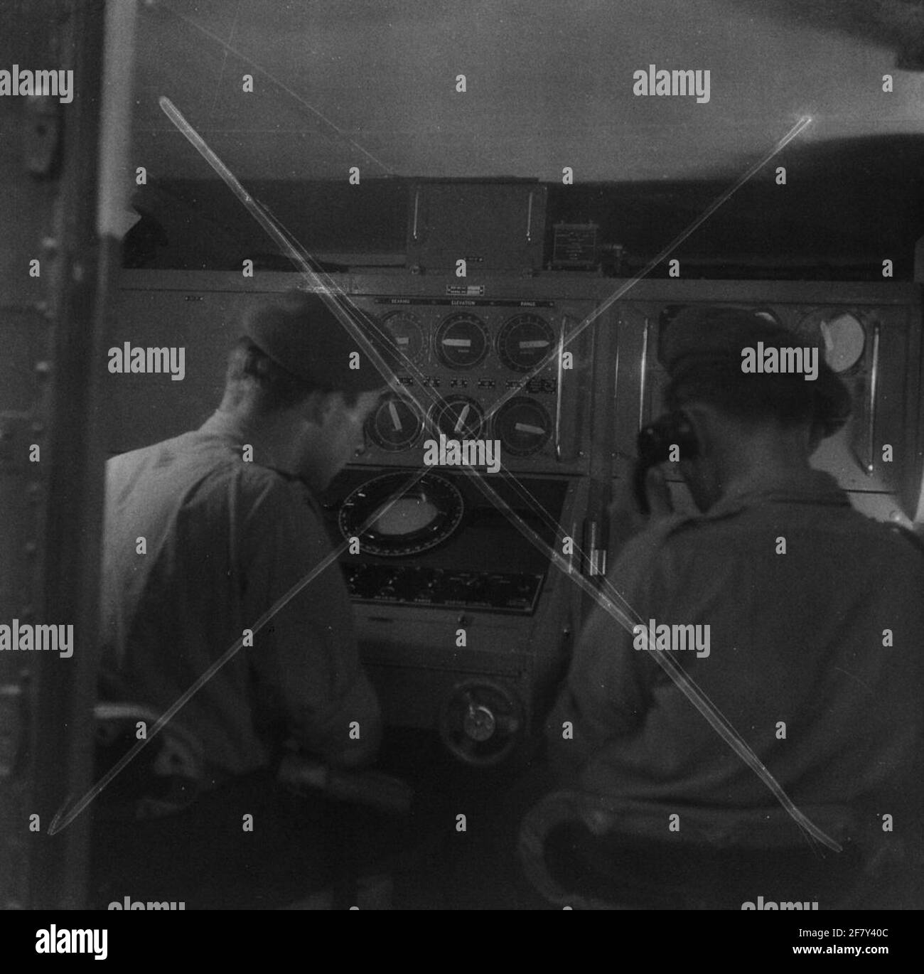 Soldiers behind the control panel of the fire line radar AA 3MK7. This ...