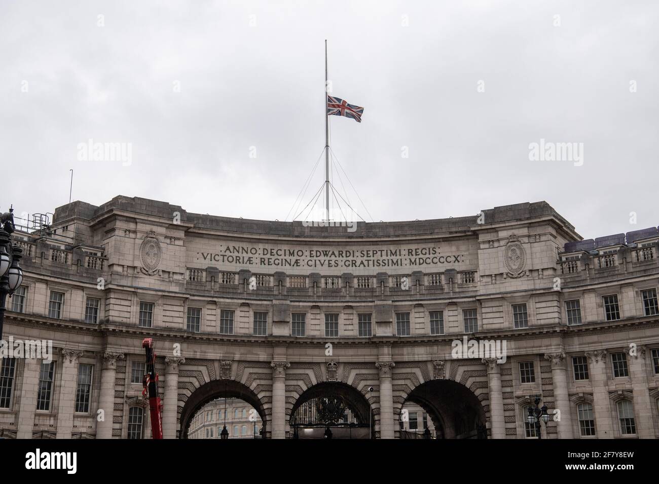 London, UK. 10 April 2021. The Union Jack flag flies at half mast over ...