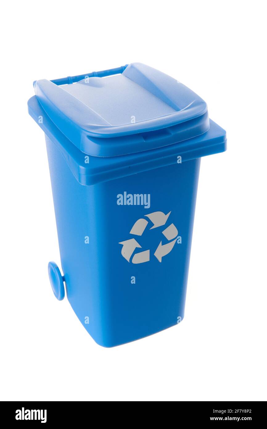 Plastic blue trash can isolated on white background Stock Photo - Alamy
