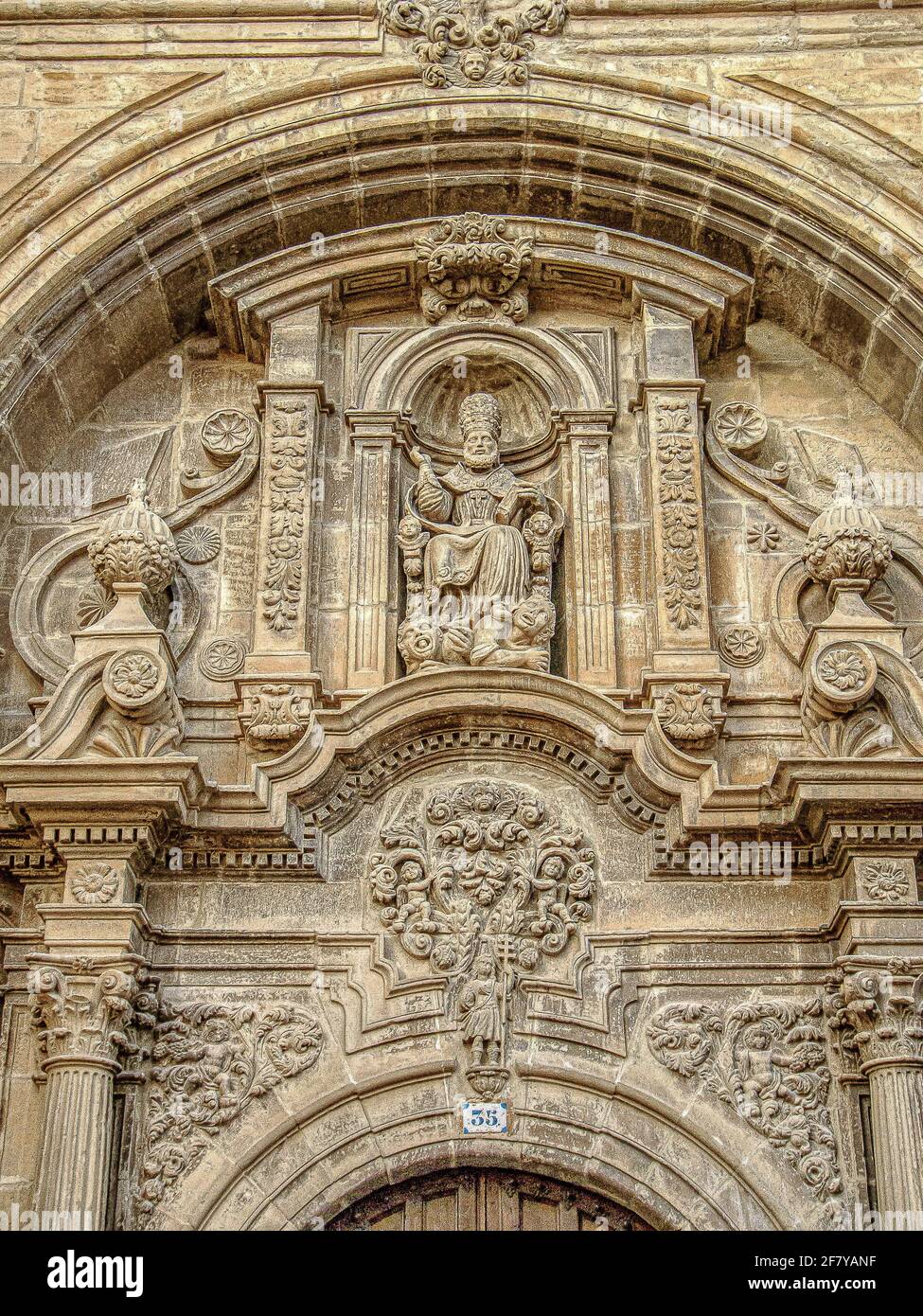 medieval sculptured portal to the Church ruins of St. Peter in Viana ...