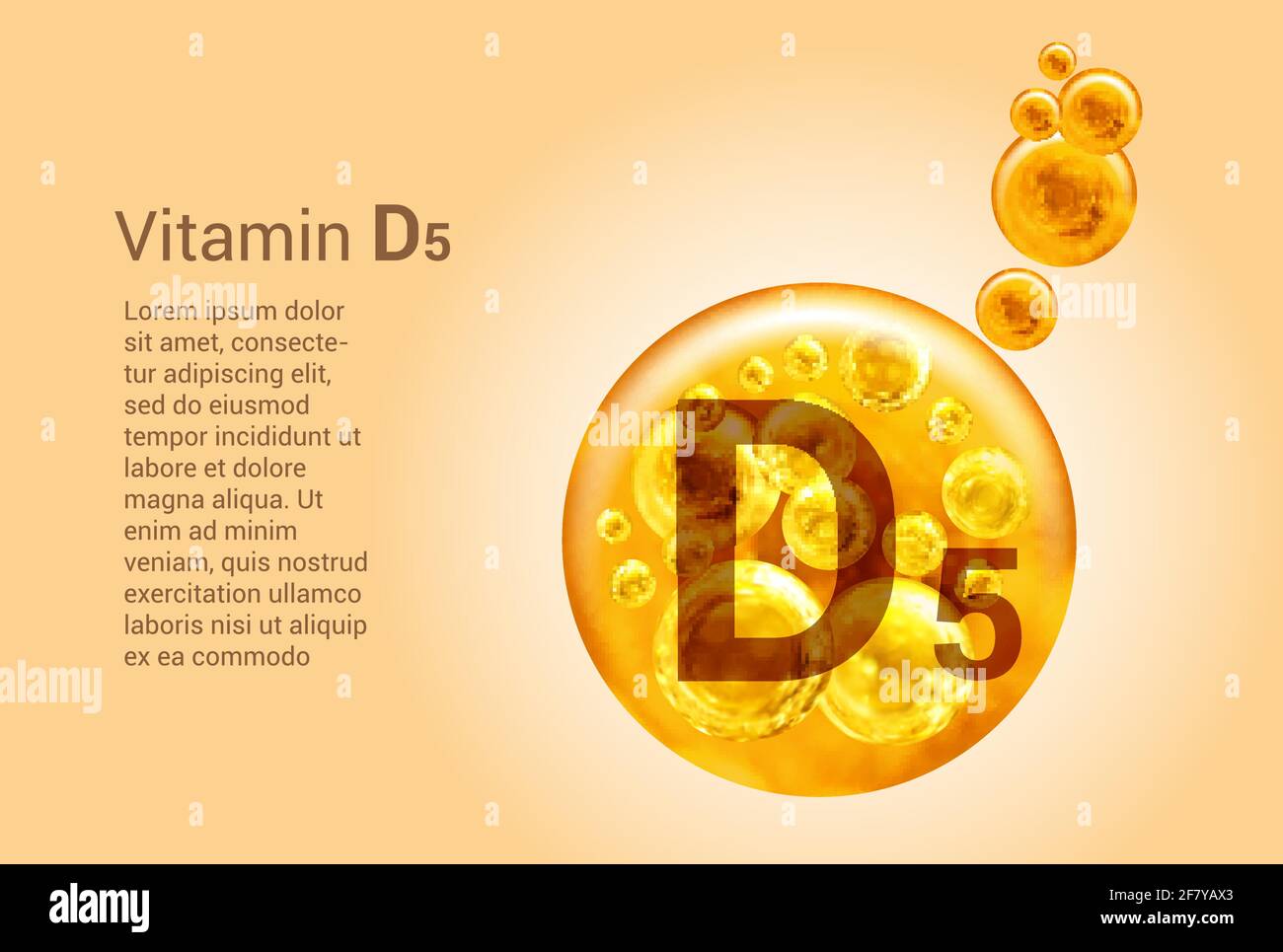Vitamin D5. Baner with vector images of golden balls with oxygen ...