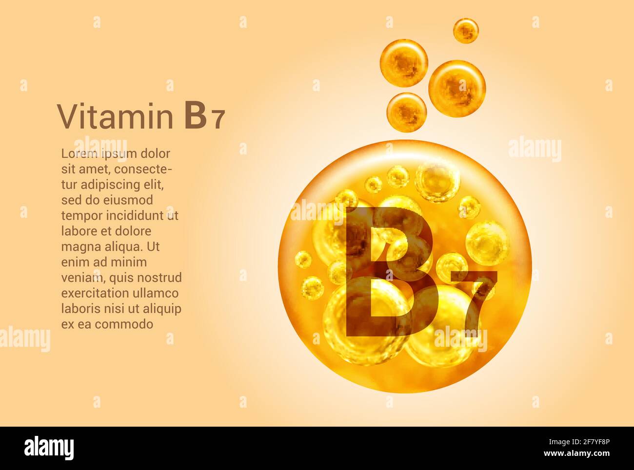 Vitamin B7. Baner with vector images of golden balls with oxygen ...