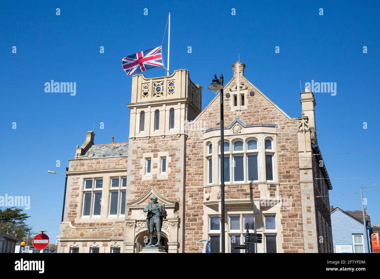 Camborne,Cornwall,UK,10th April 2021,Union Jack Flag flying at half ...