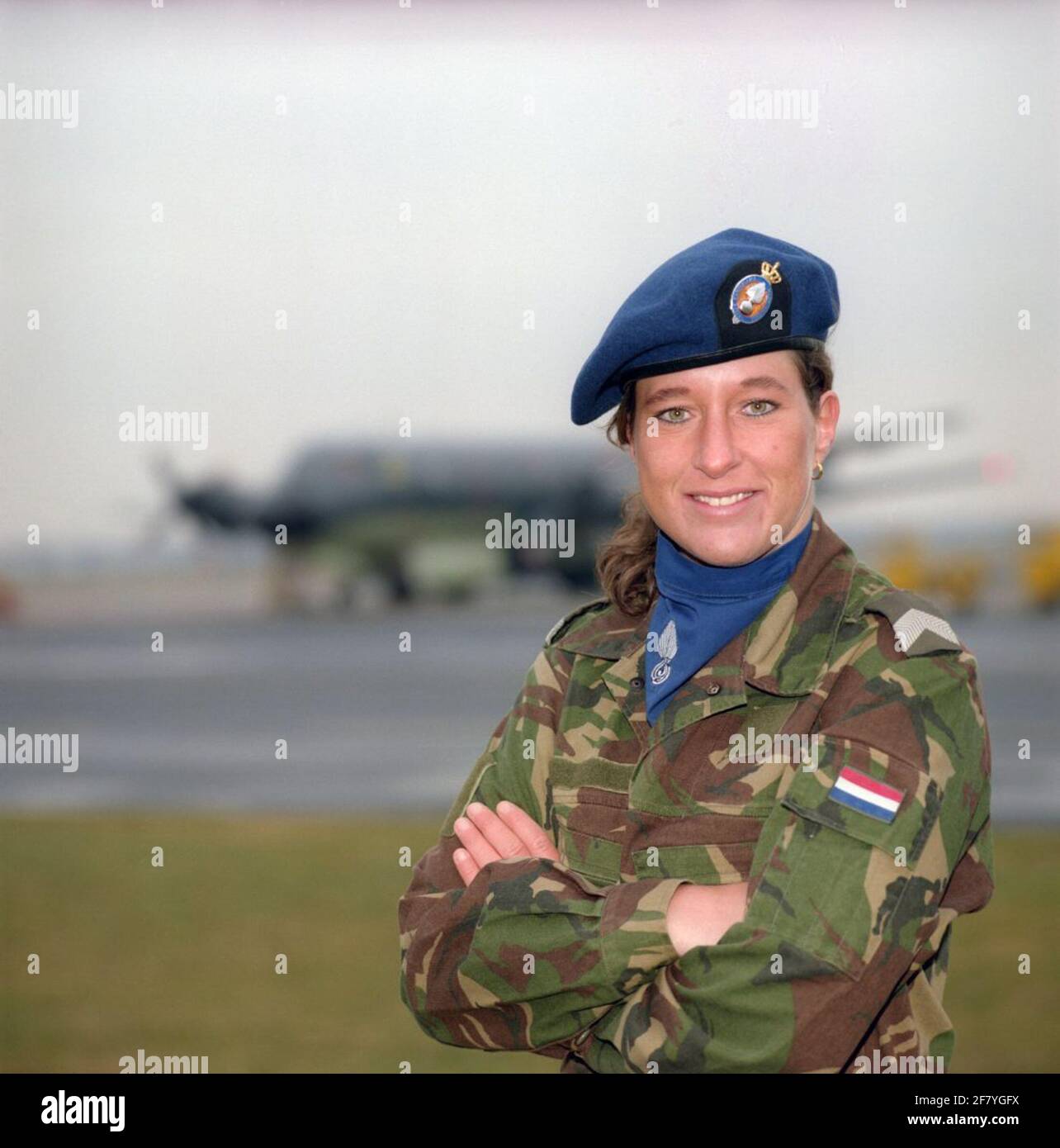 Portrait of a female soldier of the royal marechaussee with the beret ...