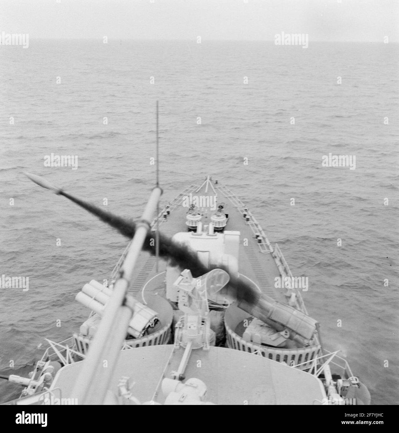 Shooting a depth bomb rocket from the submarine hunter Hr.Ms. Utrecht ...