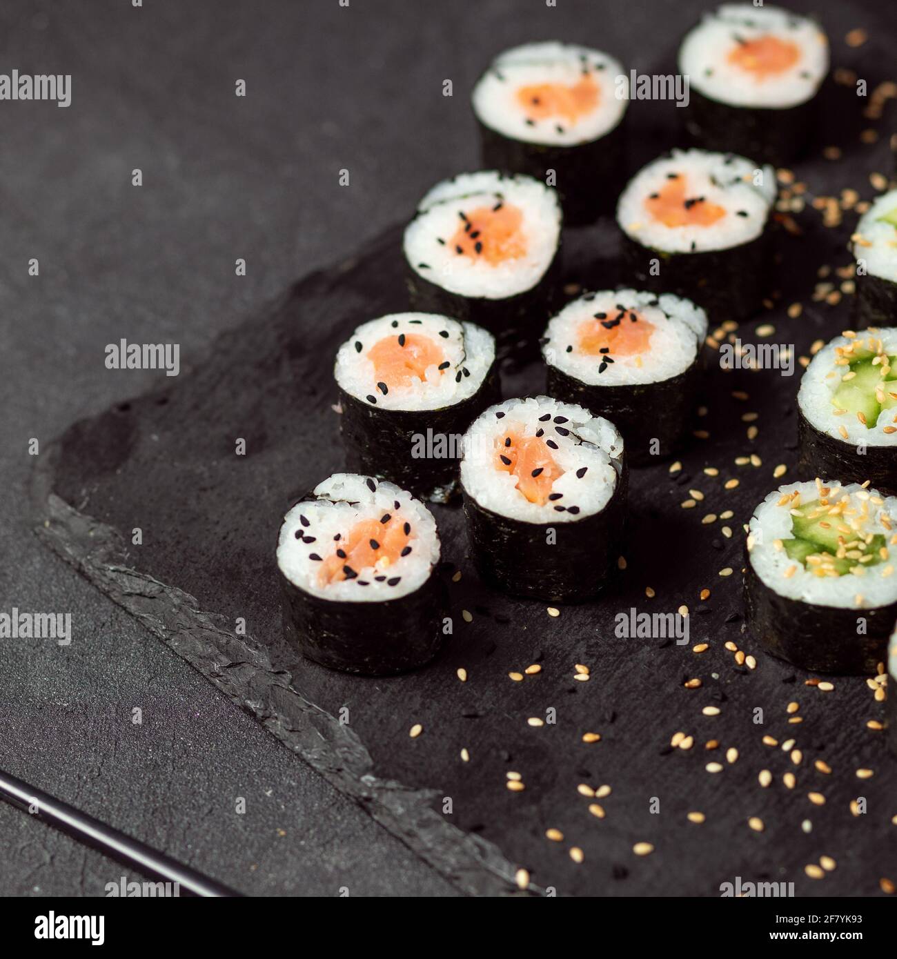 California roll and Avocado maki sushi roll top view Stock Photo - Alamy