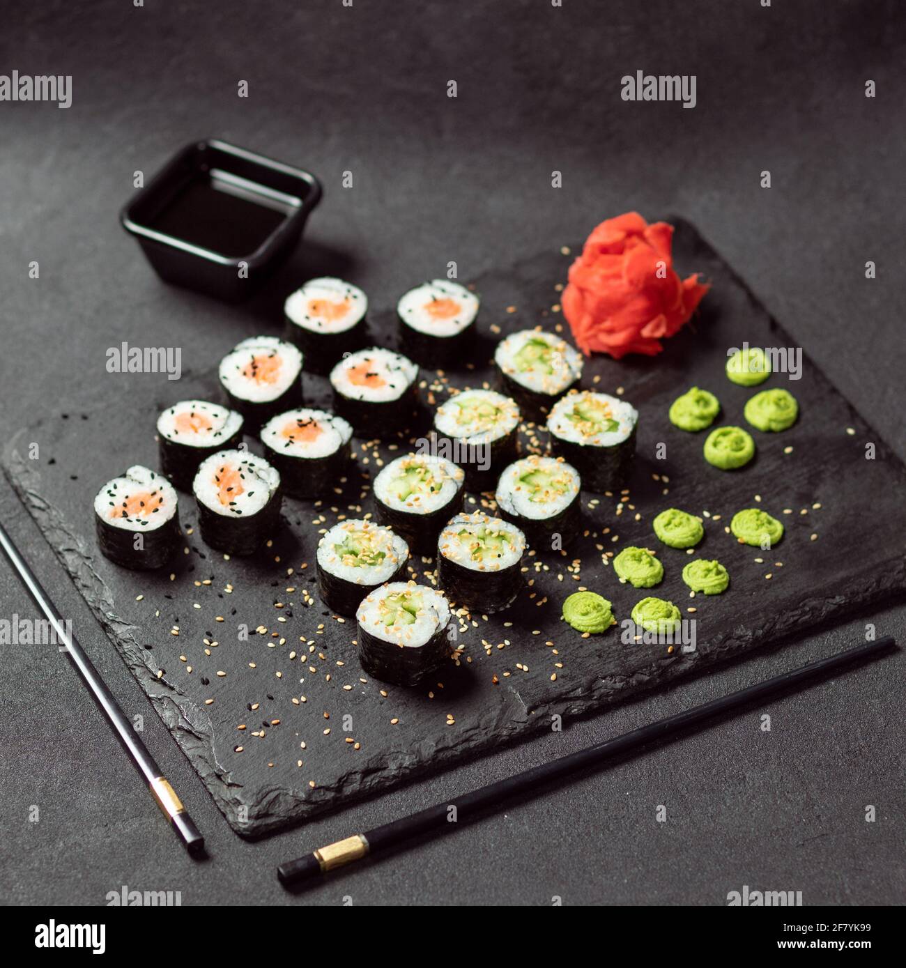California roll and Avocado maki sushi roll top view Stock Photo - Alamy