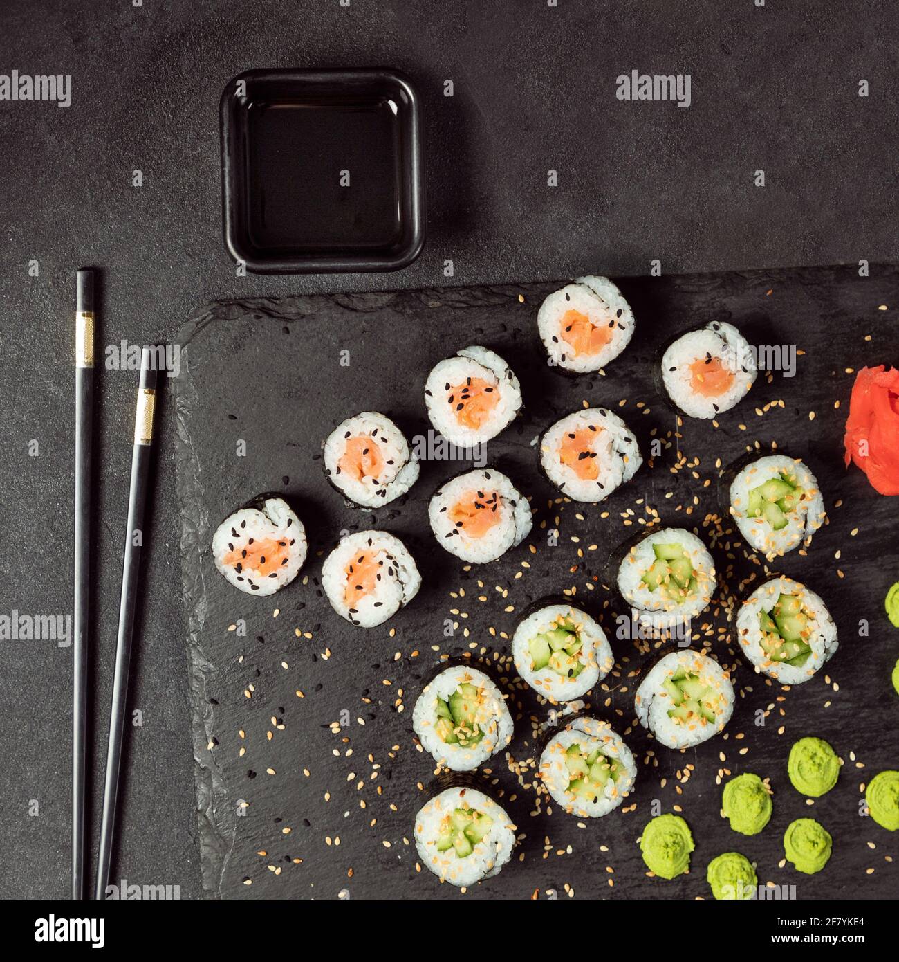 California roll and Avocado maki sushi roll top view Stock Photo - Alamy