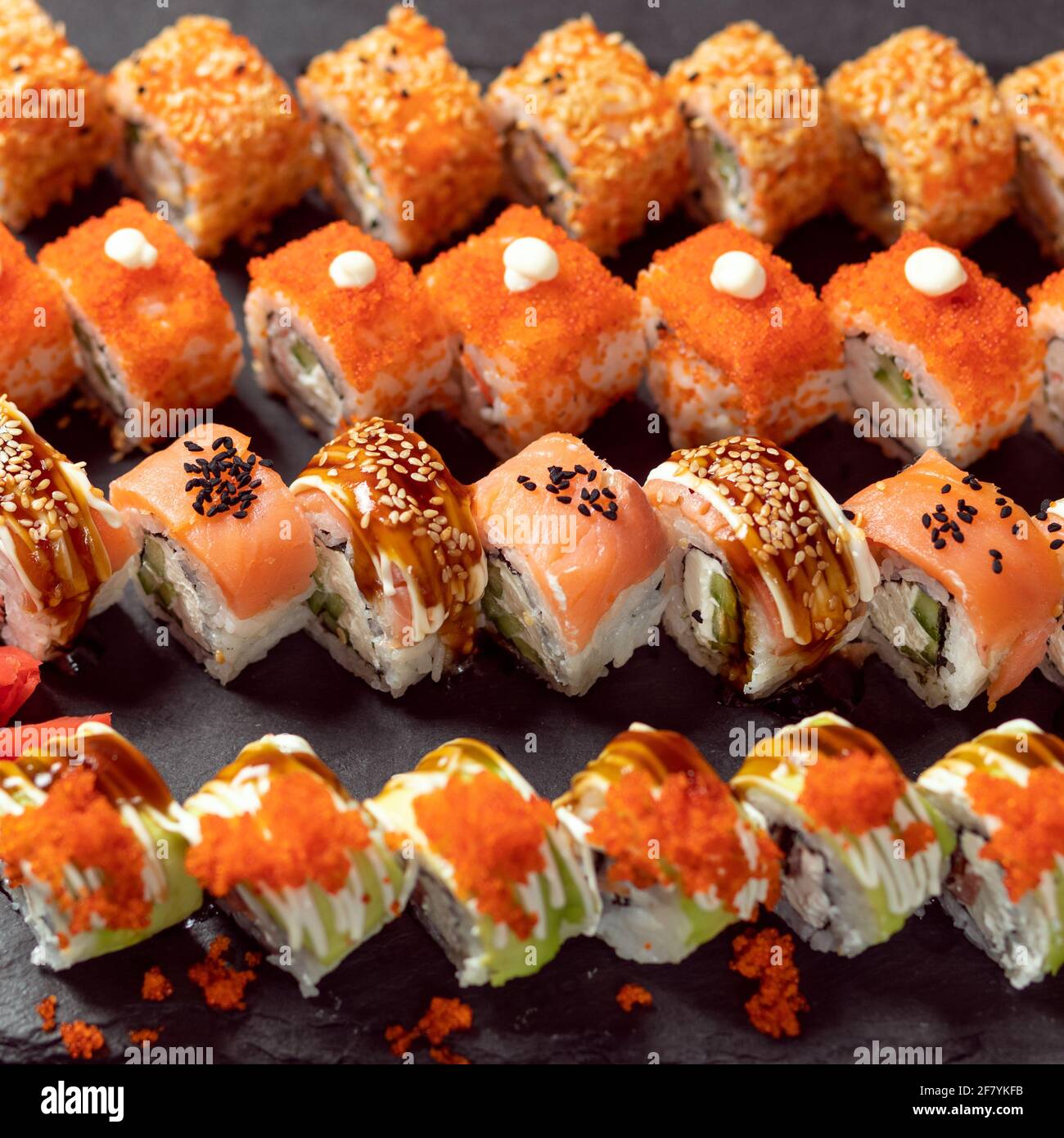 Feng Shui roll, Kani Hot Sushi Roll with Philadelphia roll close up ...