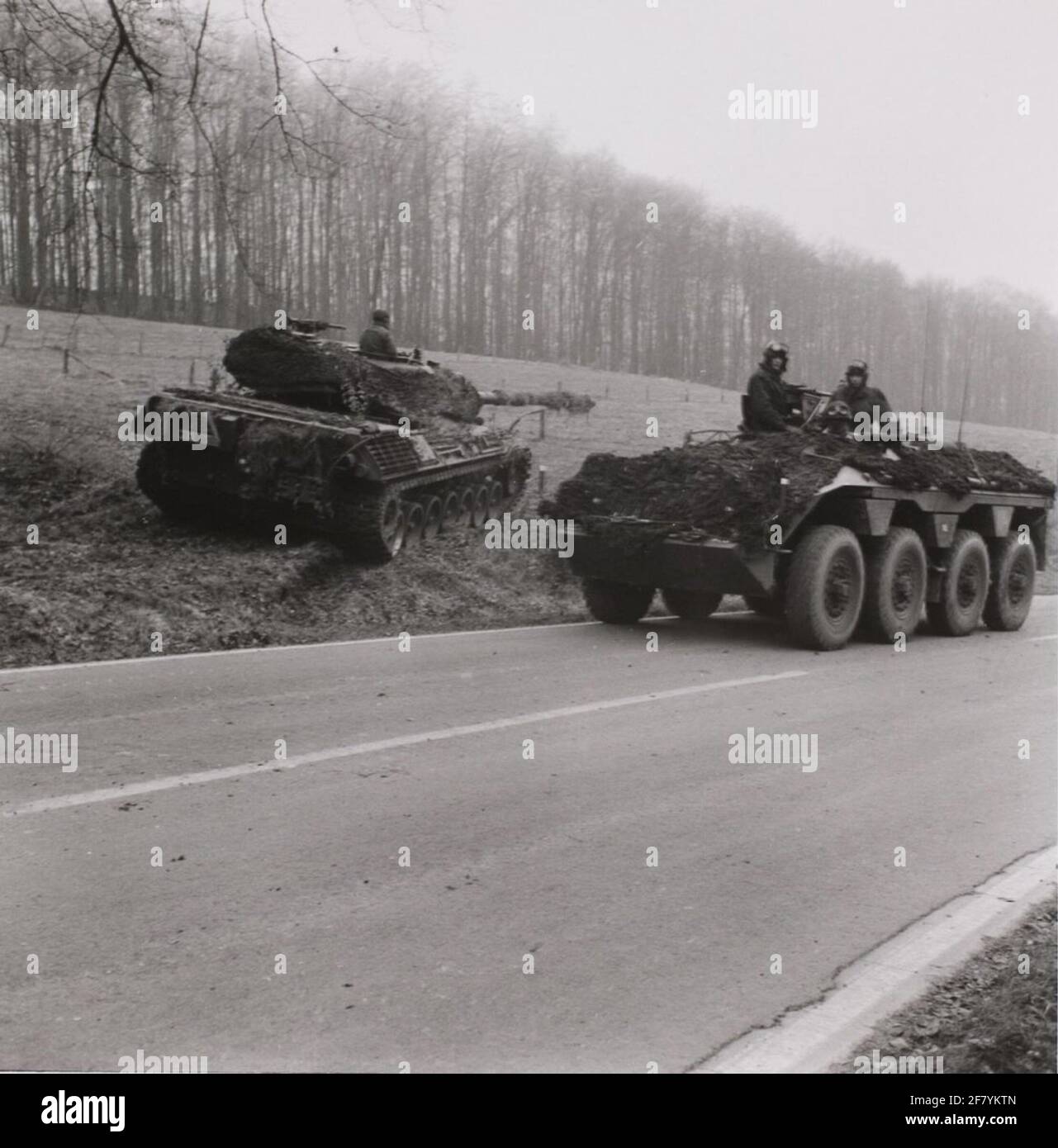 A Leopard 1 tank and an armored wheel vehicle DAF YP-408 pass each ...