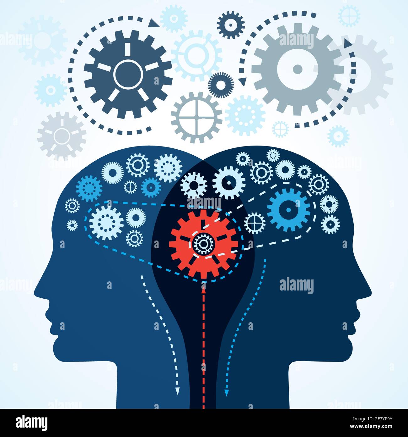 Communication concept. Human two heads with gears. Human brain functioning concept. The ...