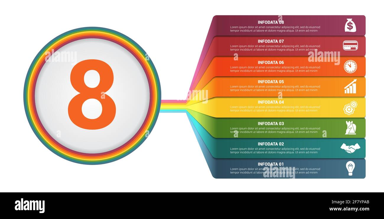 Template Infographics 8 positions. Colourful numbered strips with ...