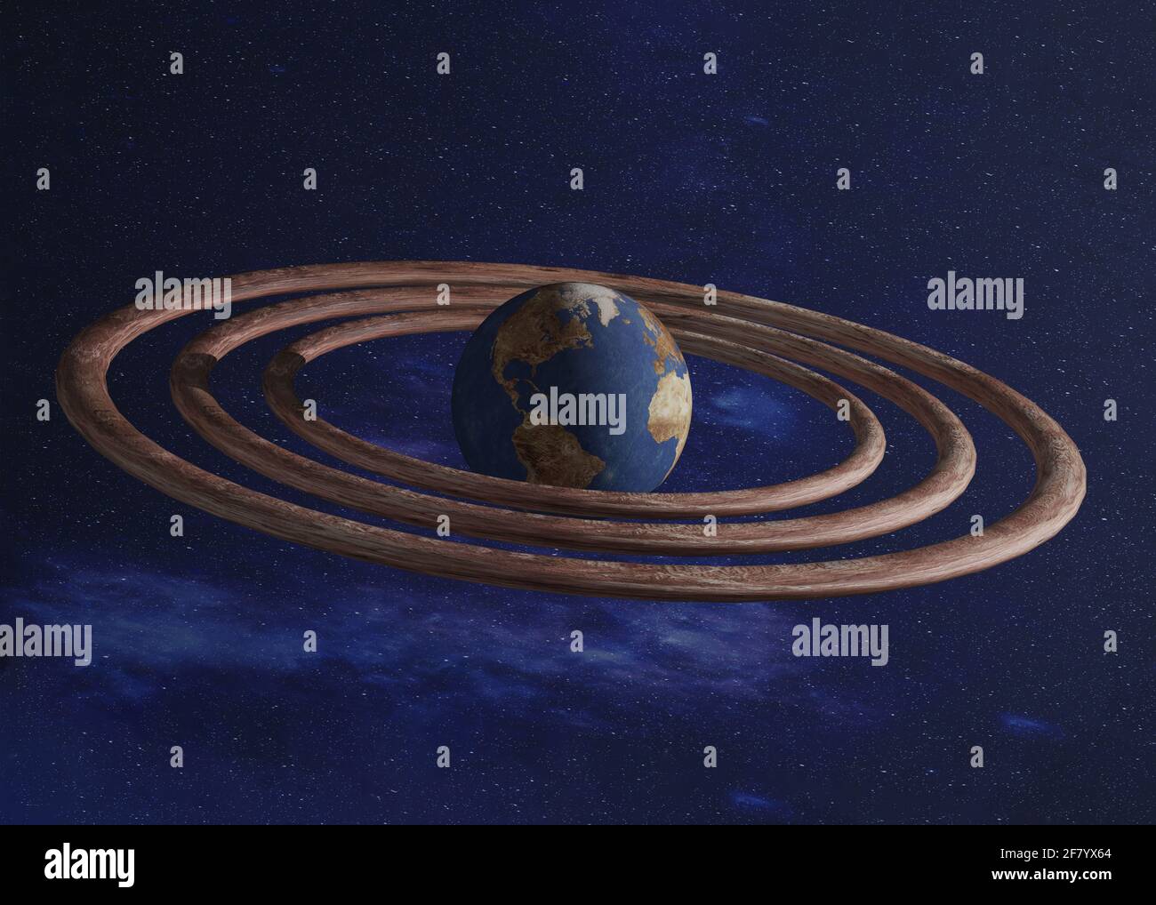 Fantastic drought earth planet with red torus rock rings around. 3D ...