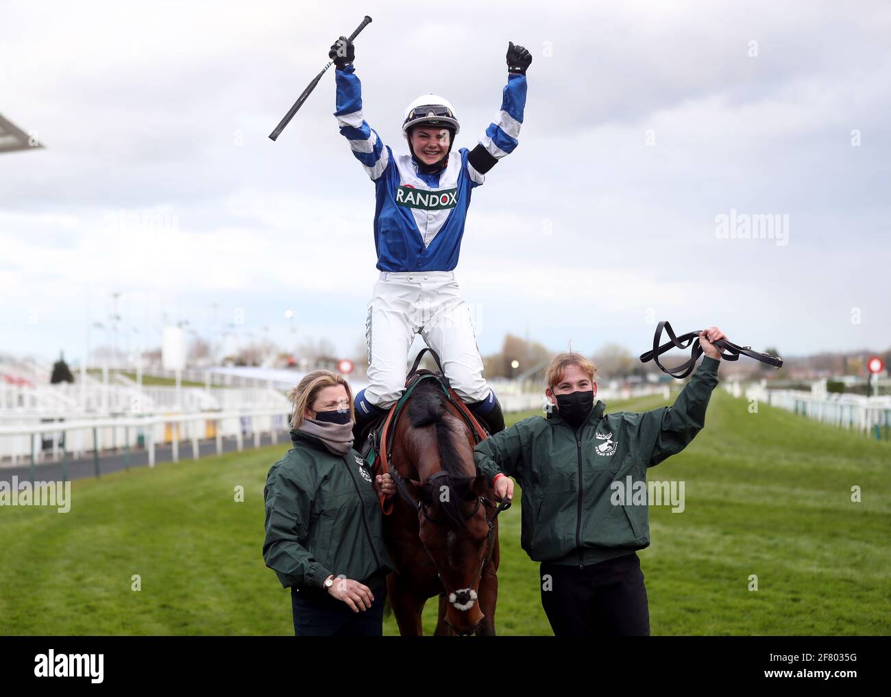 Jockey Megan Nicholls celebrates winning the Weatherbys nhstallions.co ...