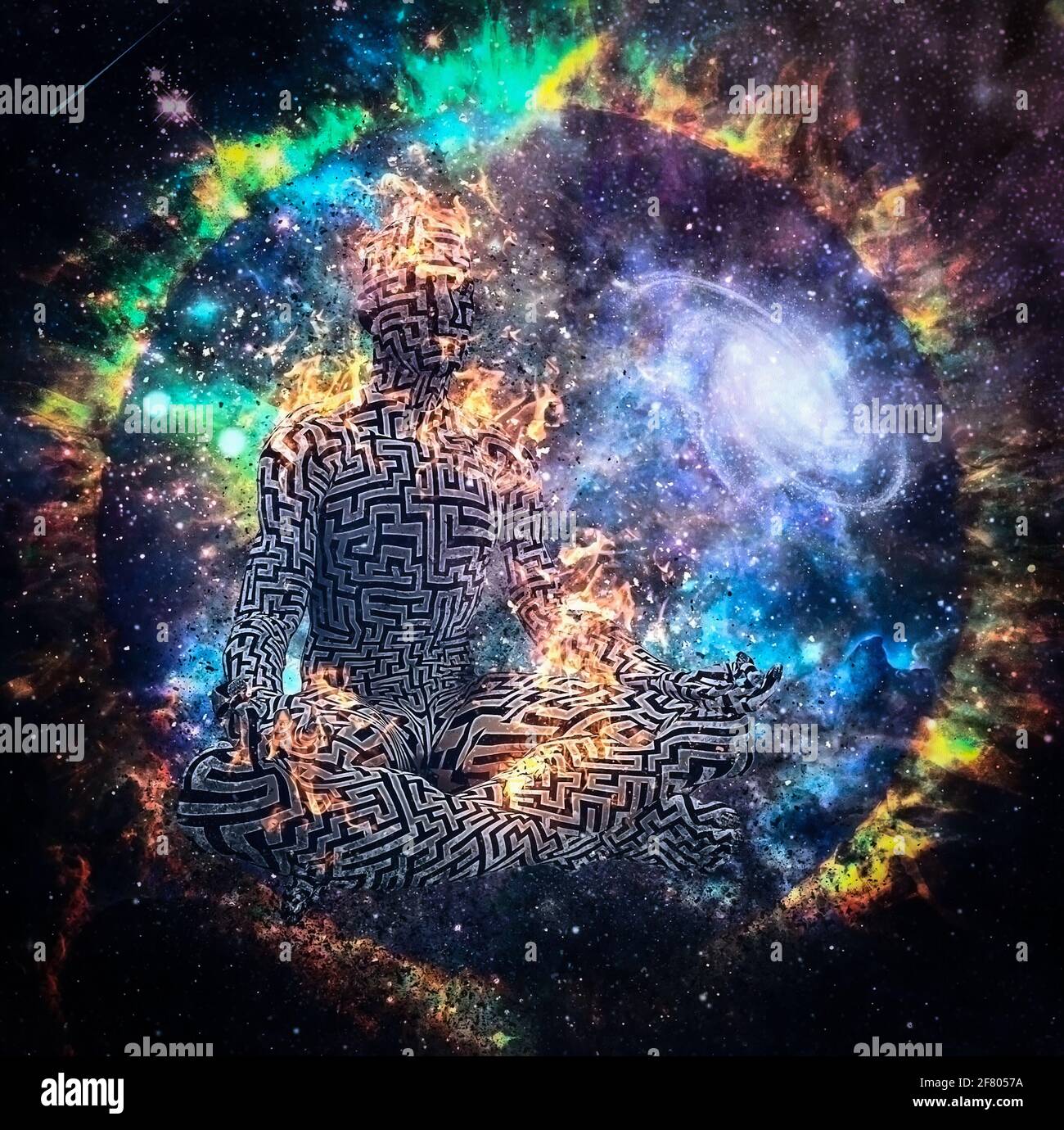 Surrealism. Figure of man with maze pattern in lotus pose in flames. 3D ...