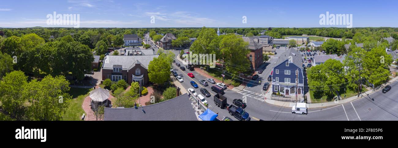 Aerial view of Medfield historic town center and Maine Street panorama ...