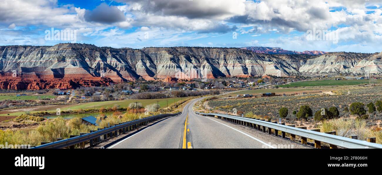 Panoramic View of a scenic route surrounded by mountains in the desert ...