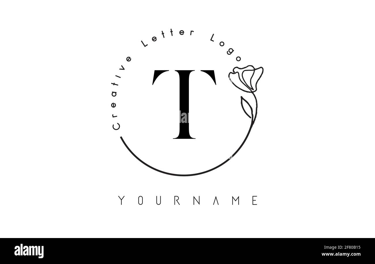 Creative initial letter T logo with lettering circle hand drawn flower ...