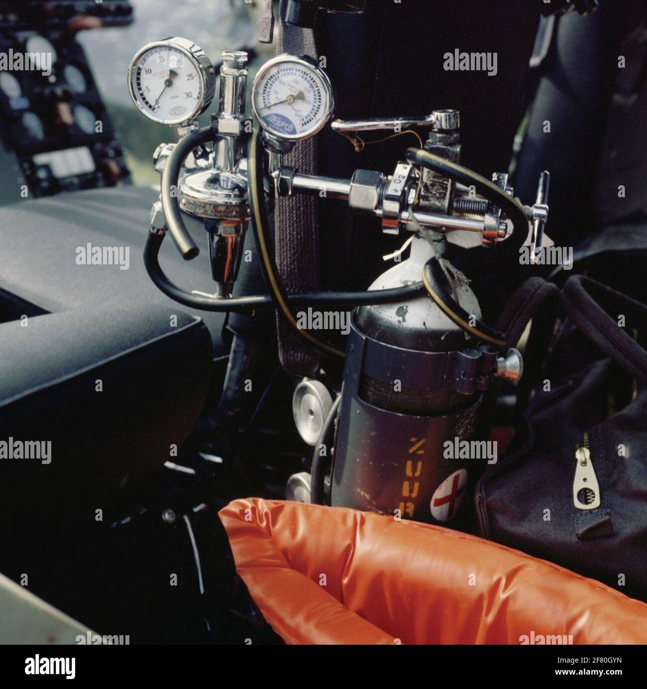 Medical equipment (oxygen tank) aboard an Alouette III helicopter from ...