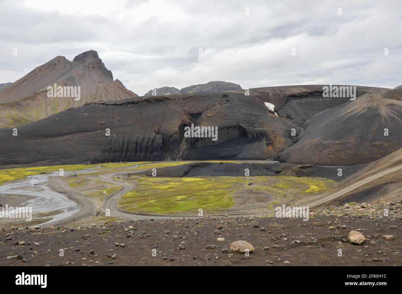 Closeup shot of a green plato in the middle of a mining area between ...