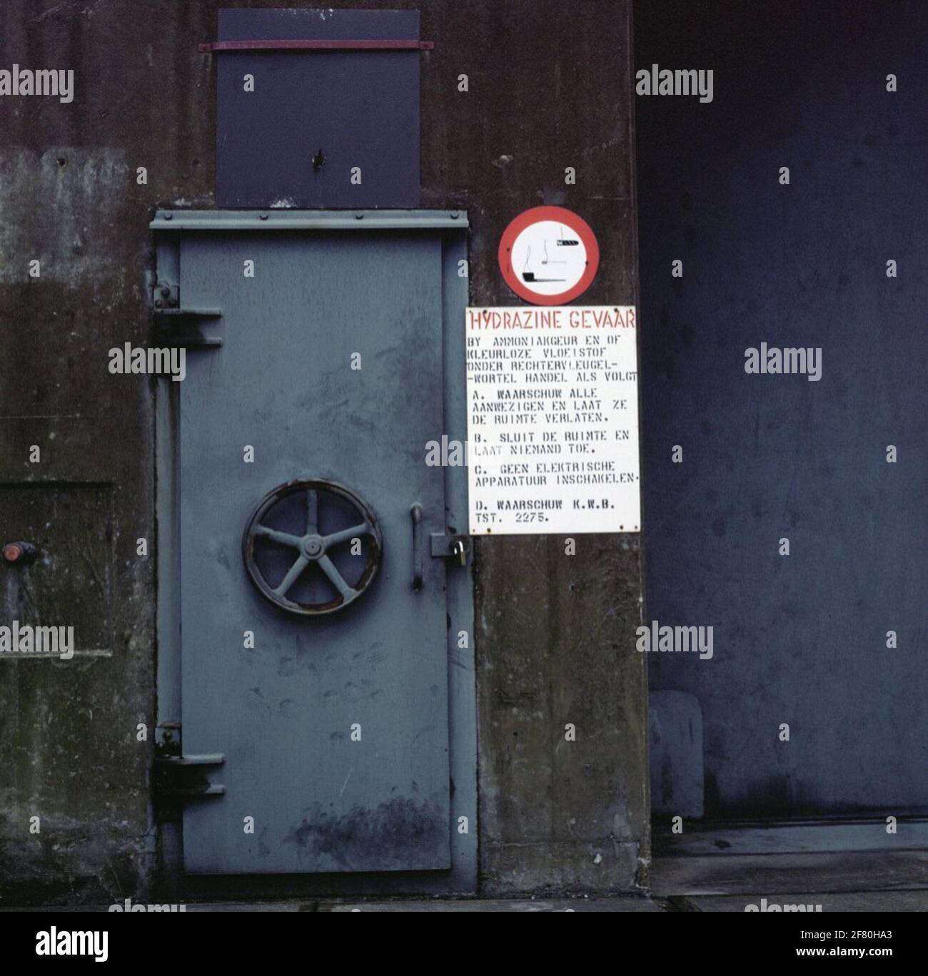 Warning sign "Hydrazine Danger" on an airplane helter of the Leeuwarden ...