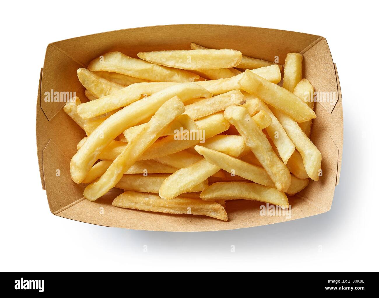 french fries in cardboard container isolated on white background, top ...