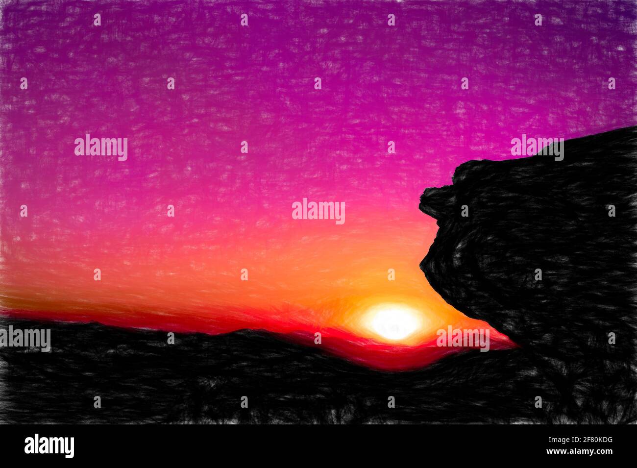 Digital painting of a sunset in mountains. Illustration Stock Photo - Alamy