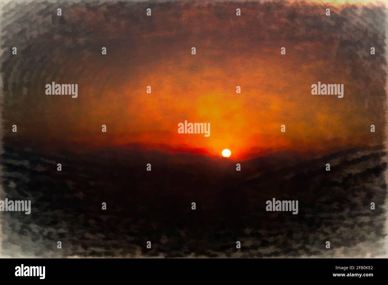 Digital painting of a sunset in mountains. Illustration Stock Photo - Alamy
