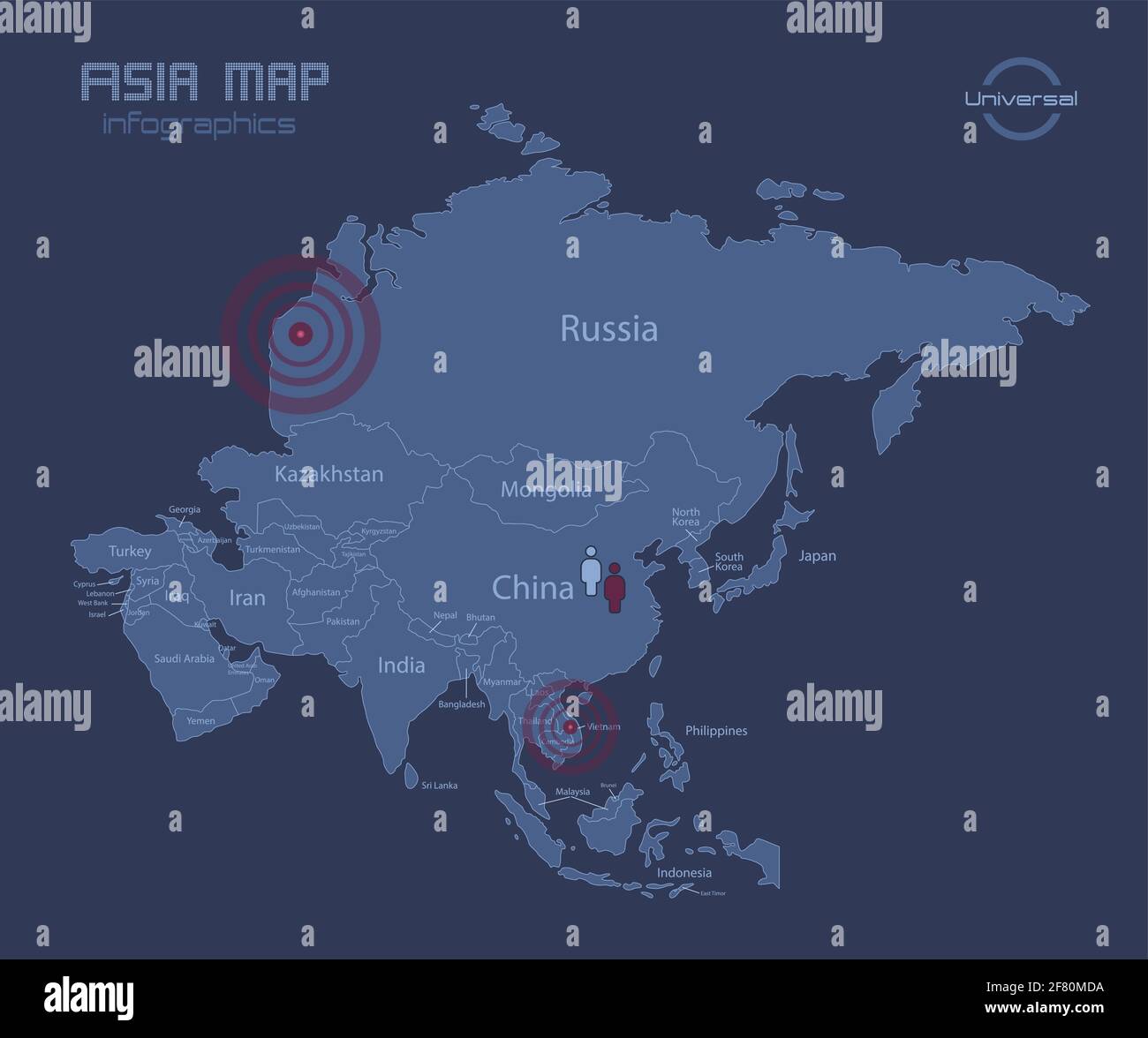 Asia map, with names of individual states, infographics blue flat ...