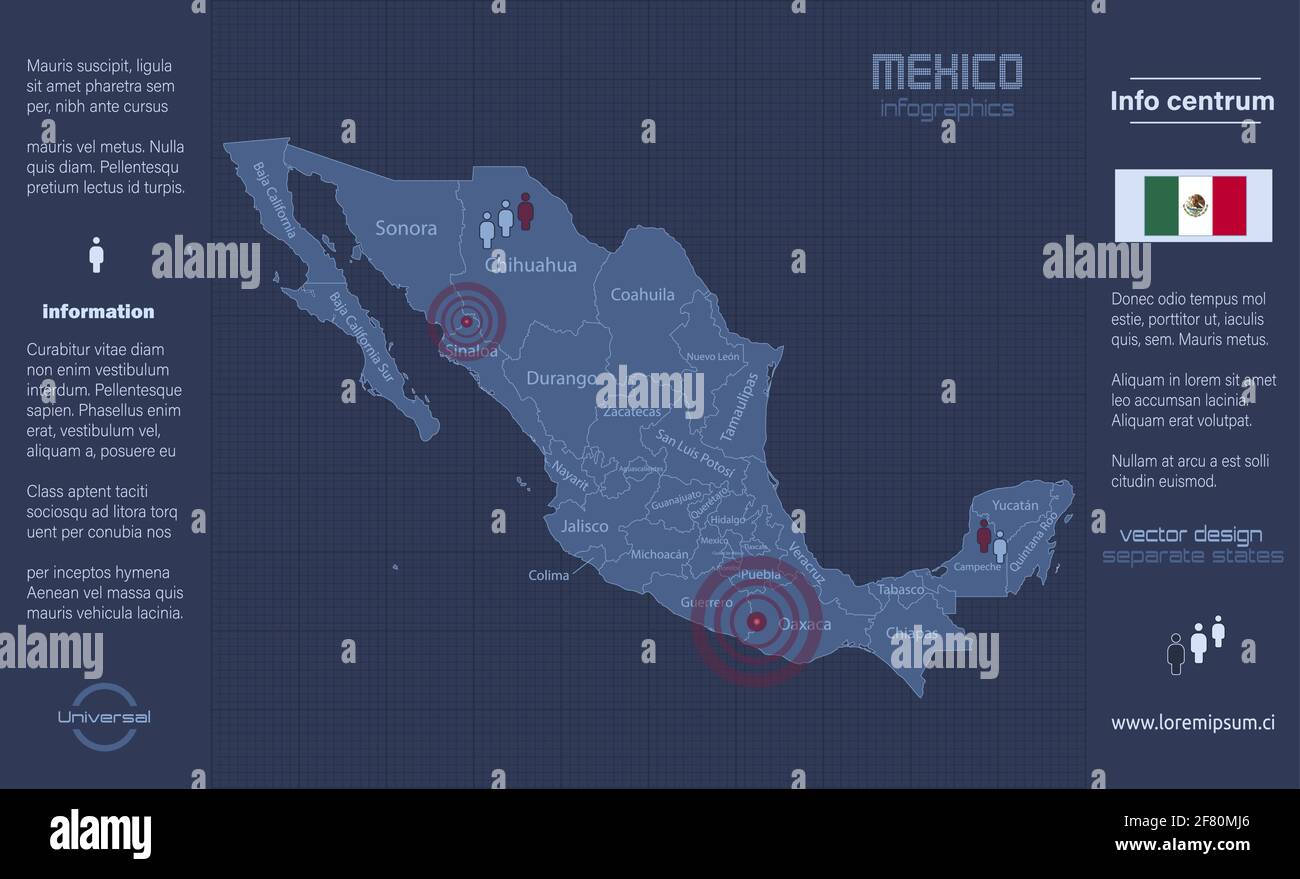 Mexico map, separate regions with names, infographics blue flat design ...