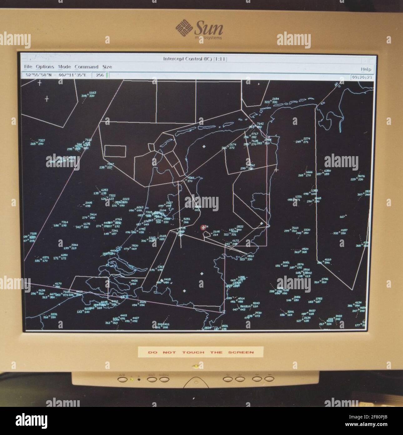 Aerial image on a radar console of the combat line (CRC) of the AOCS in ...