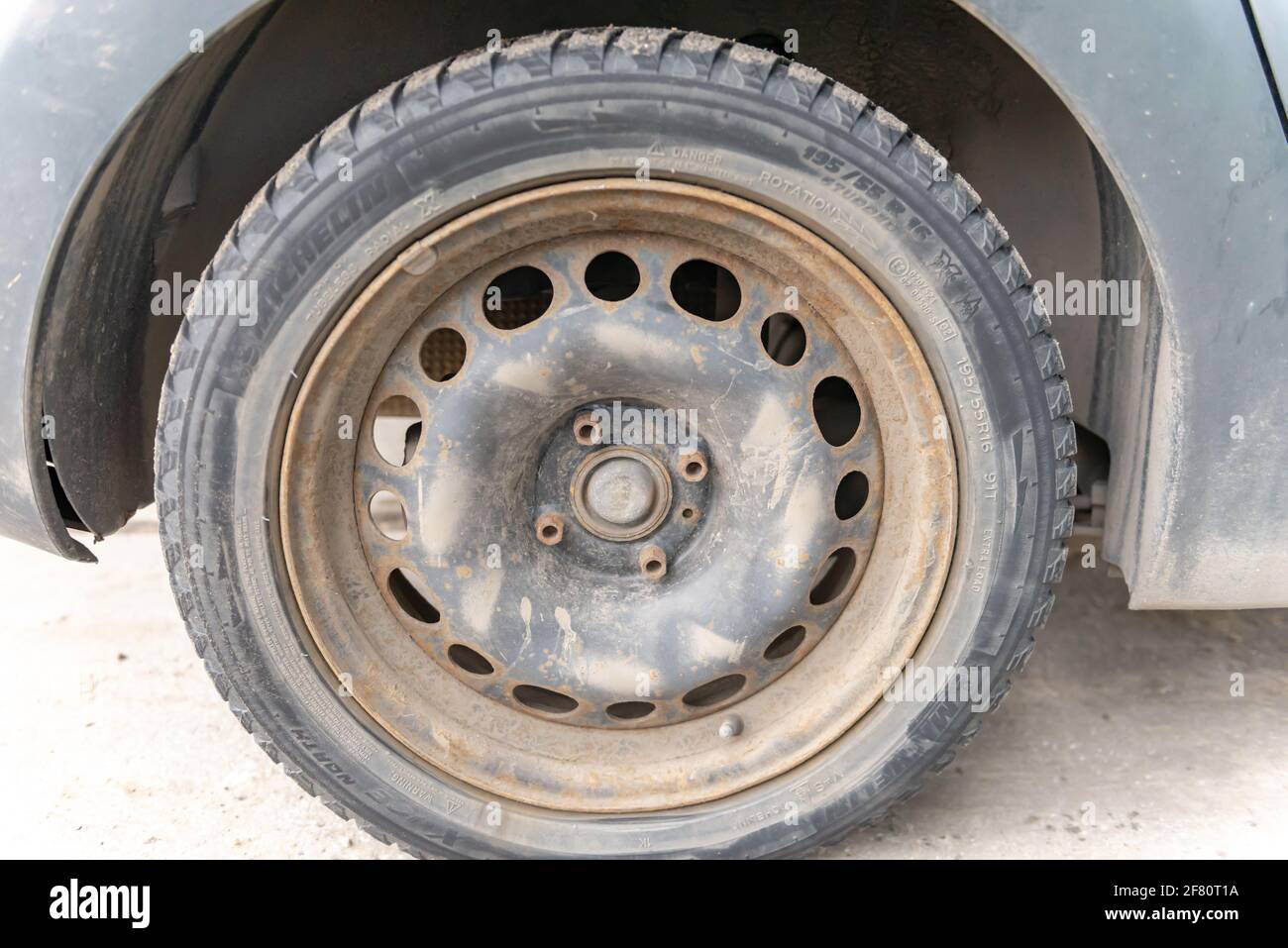 Moscow. Russia. Spring 2020. Car wheel on a stamped disc. Winter tire ...