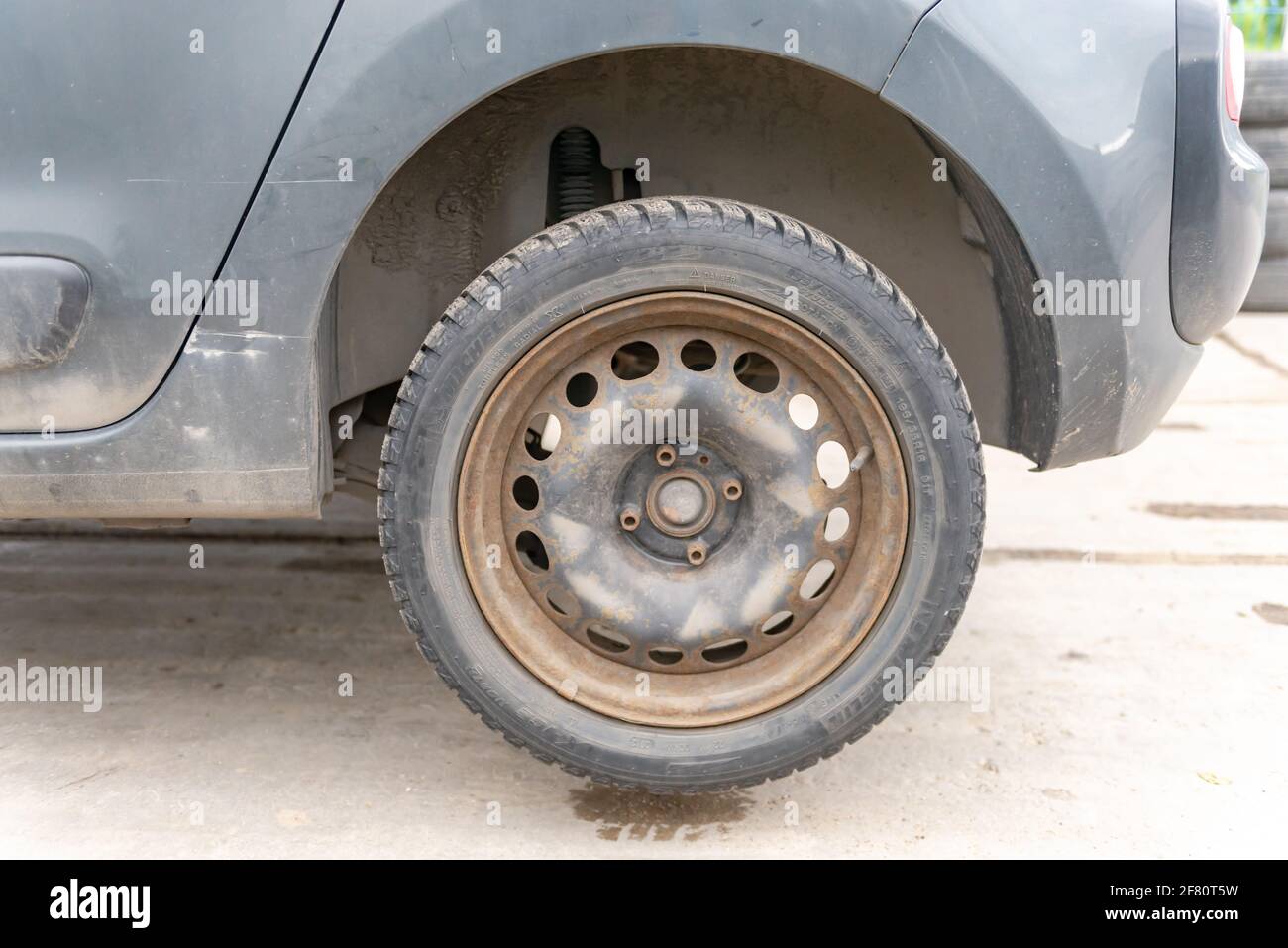 Moscow. Russia. Spring 2020. Car wheel on a stamped disc. Winter tire ...