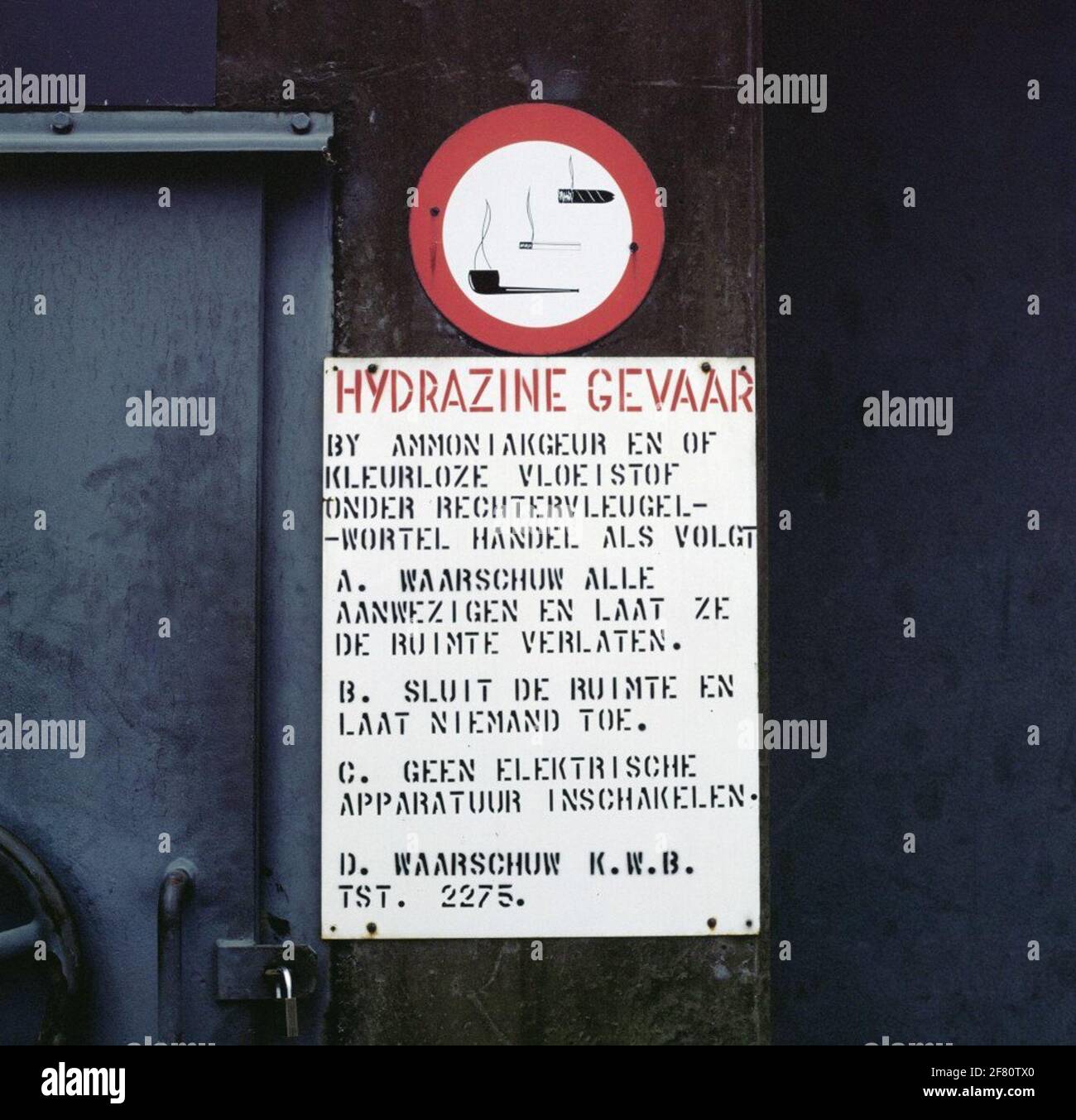 Warning sign "Hydrazine danger" on plane shelter from Leeuwarden ...