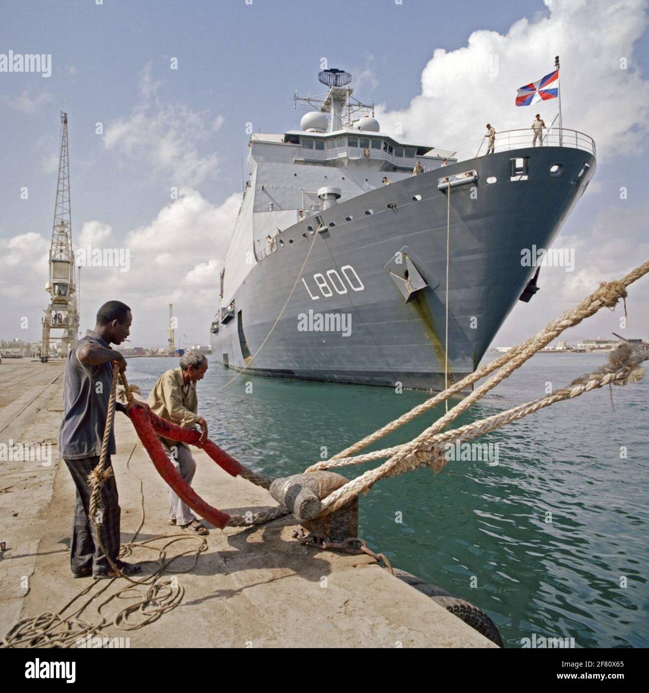 The amphibious transport ship Hr.Ms. Rotterdam (1998-) lays on a ...
