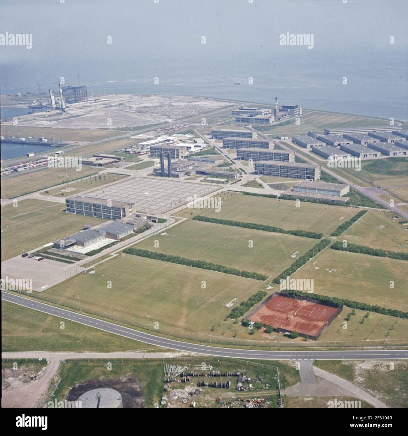 Aerial view with overview of buildings in the field of the new port in ...