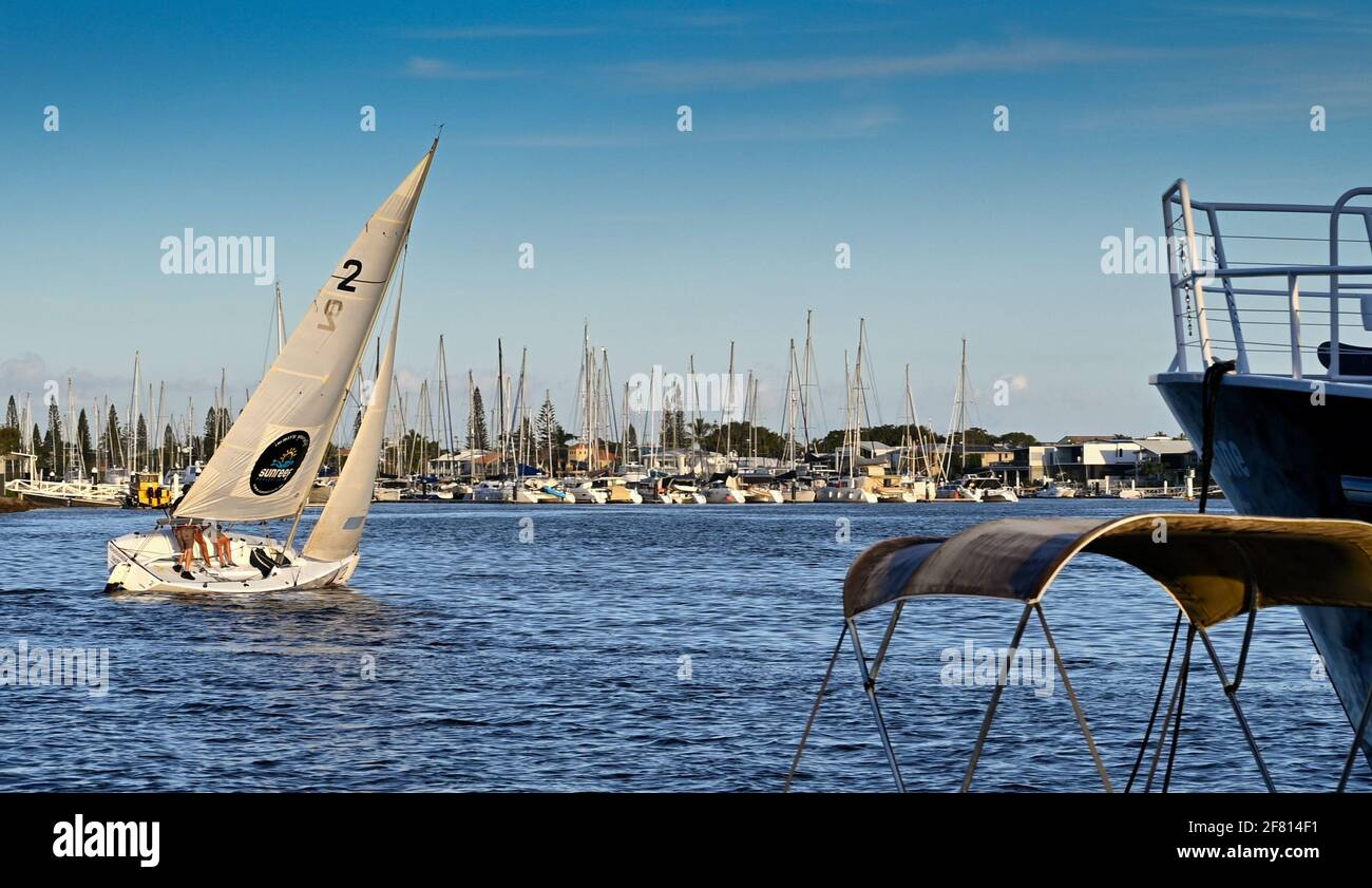 MOOLOOLABA, AUSTRALIA - Apr 02, 2021: A yacht with two students and a ...
