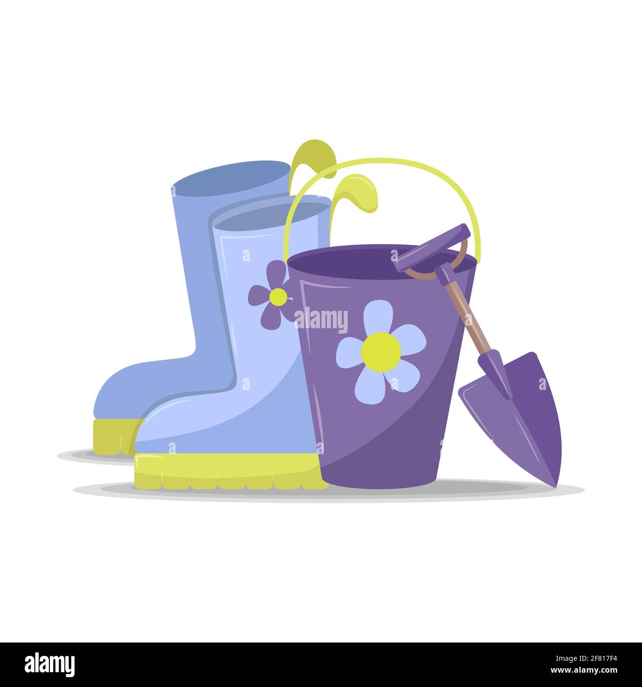 Gardening tools rain boots shovel and bucket isolated on white ...