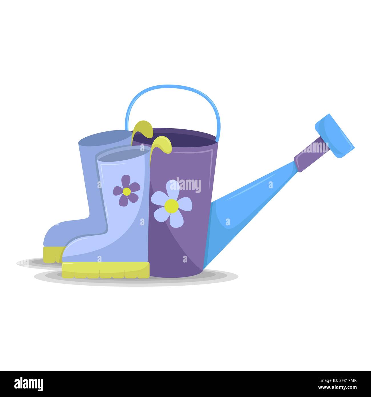 Gardening tools watering can rain boots isolated on white background ...