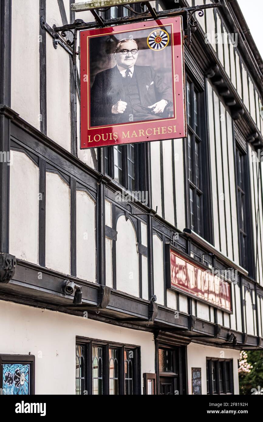 The exterior sign of the Louis Marchesi pub in the Tombland area of ...