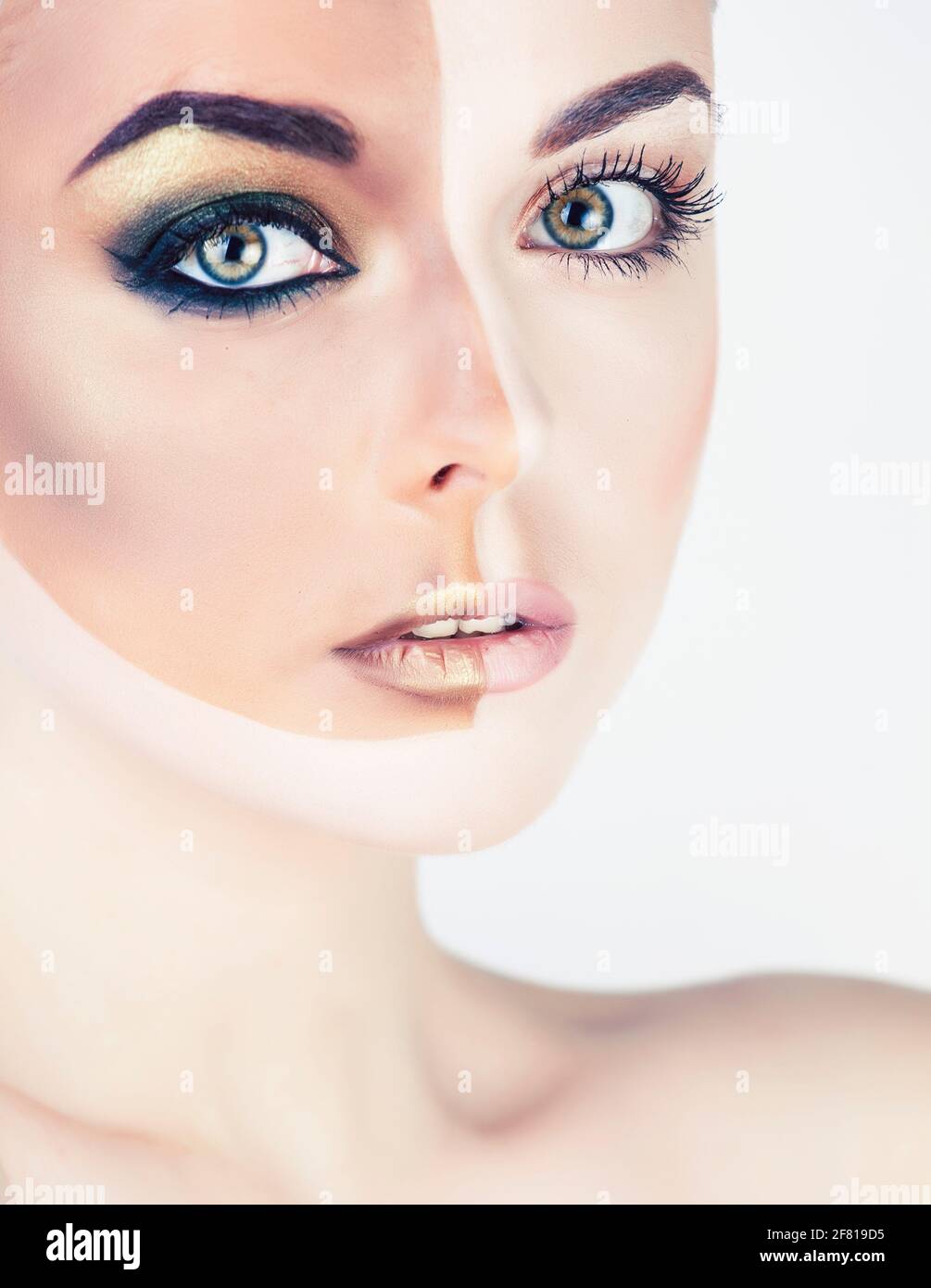 half faced woman with creative makeup like before sunbathe and after ...