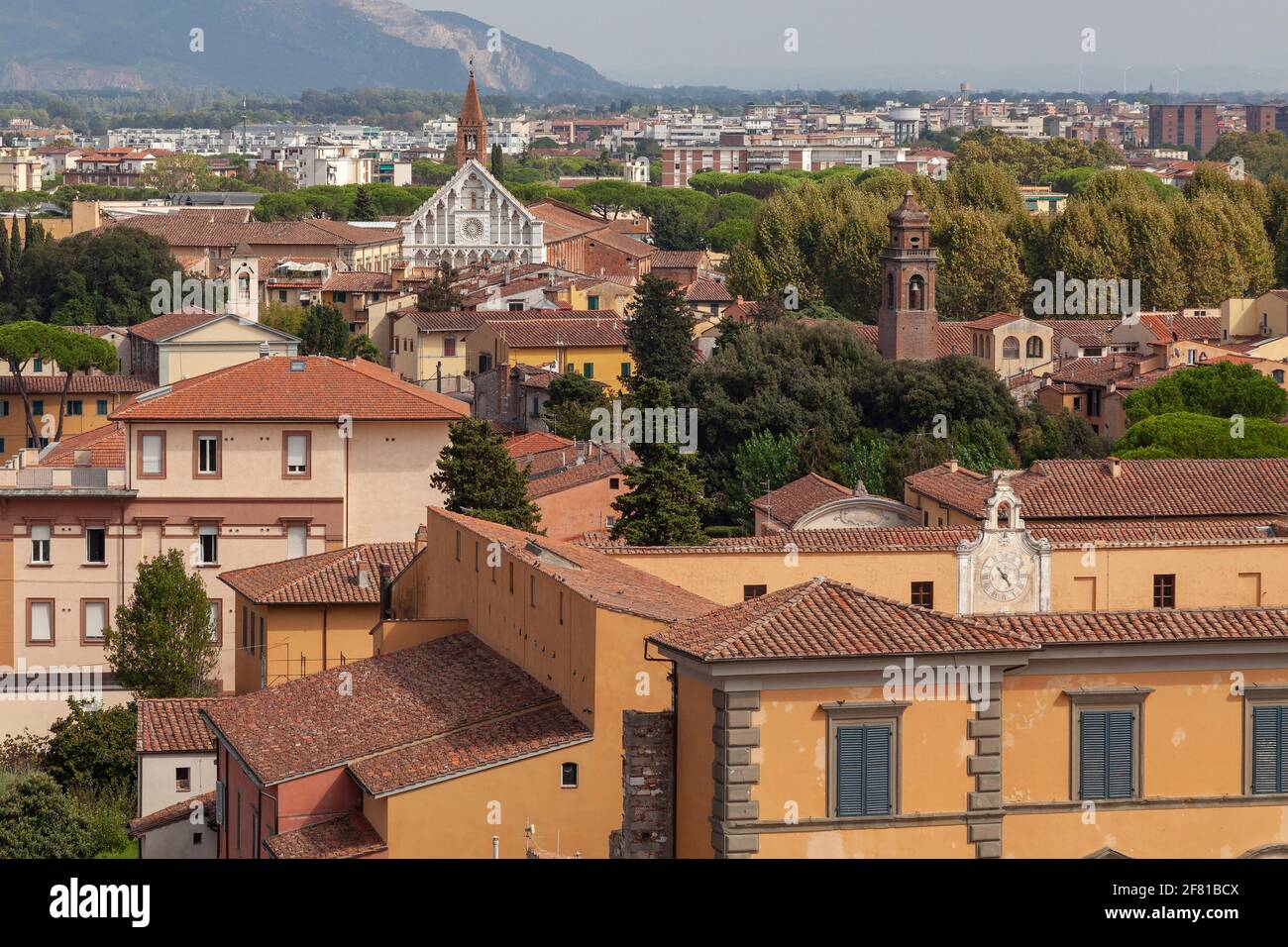 Aerial view of the city of Pisa, Italy. In the background are mountains ...