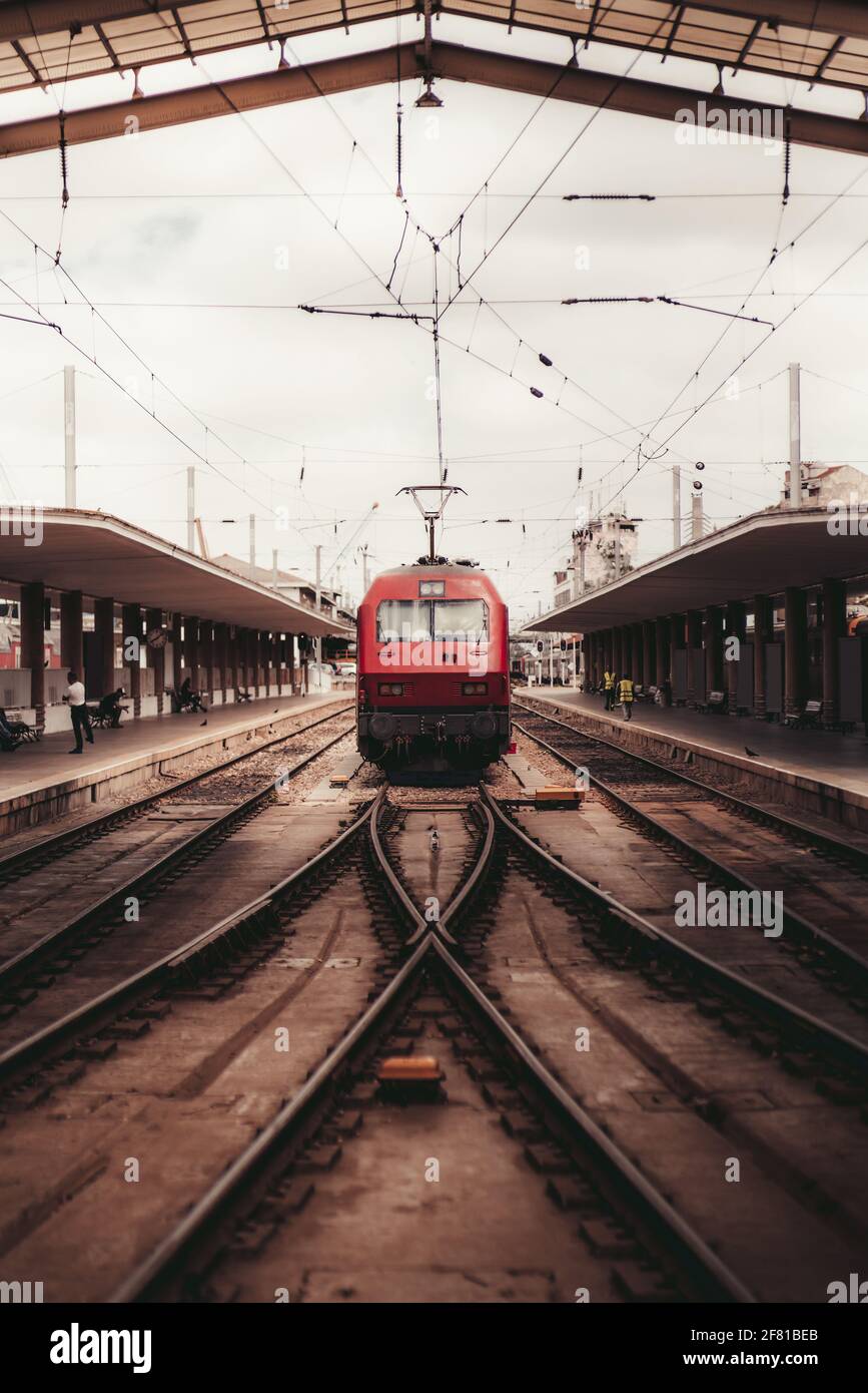 Vertical symmetrical view of a railroad station depot with a triangle ...